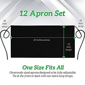 GREEN LIFESTYLE 12 Pack Server Aprons with 3 Pockets - Waist Apron, Waitress Apron for Women and Man, Water Resistant with Long Waist Strap Reinforced Seams, Half Apron (Black)