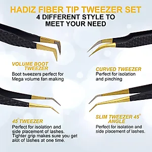 HADIZ Set of 4 Fiber Tip Diamond Grip Eyelash Extensions Tweezers Japanese Stainless Steel Lash Tweezer(Black)