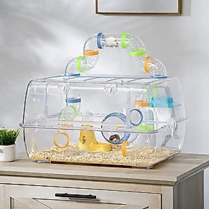 PawHut Hamster Cage, 2-Level Rat House Mouse Habitat with Accessories Tube Tunnels, Exercise Wheel, Water Bottle, Food Dish, Hut, 22" x 15" x 12.5", Transparent