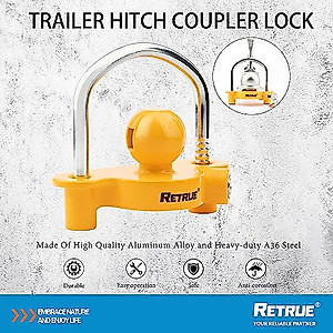 RETRUE Universal Coupler Lock Trailer Locks Ball Hitch Trailer Hitch Lock Adjustable Security Heavy-Duty Steel Fits 1-7/8 Inch, 2 Inch, 2-5/16 Inch Couplers Yellow