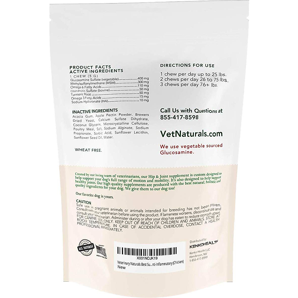Veterinary Naturals Hip & Joint Supplement for Dogs - 60 Soft Dog Chews for Hip & Joint Support - Dog Vitamins and Supplements with Glucosamine for Dogs & MSM - Grain-Free, Roasted Chicken Flavor