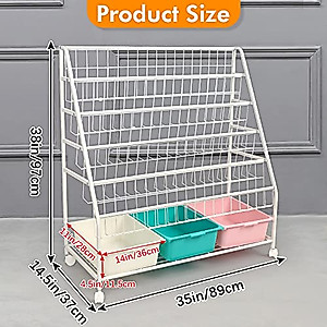 yazi Kids Bookshelves with Toy Storage Organizer, Large 35inx38in 6 Tier Metal Kids Bookcases with 3 Storage Boxes Organizer Shelf in Nursery, Playroom, Study Room,Nursery for Preschooler Children