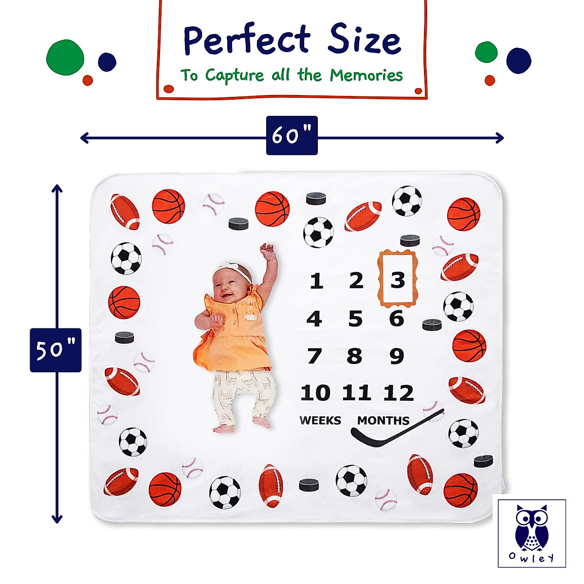 OWLEY Monthly Milestone Blanket for Newborns to Toddlers, Double Sided 1-24 Weeks or Months, Oversized 60x50 in, Perfect Unisex Gift for Baby Showers, Sports Fans’ Birthdays, Baby Boys, Girls