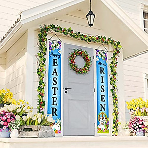 FARMNALL Easter He is Risen Porch Banner Bunny Egg Rabbit Party Front Door Sign Wall Hanging Spring Lily Cross Decorations and Supplies for Home Office Farmhouse Holiday Decor