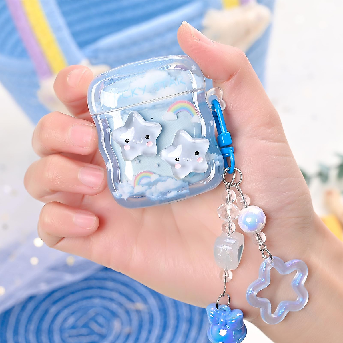 Mainrenka Cute Clear Airpod Case with Love Heart Keychain Compatible with Kawaii Star Airpods 2nd/1st Generation Case Cover for Women Girl