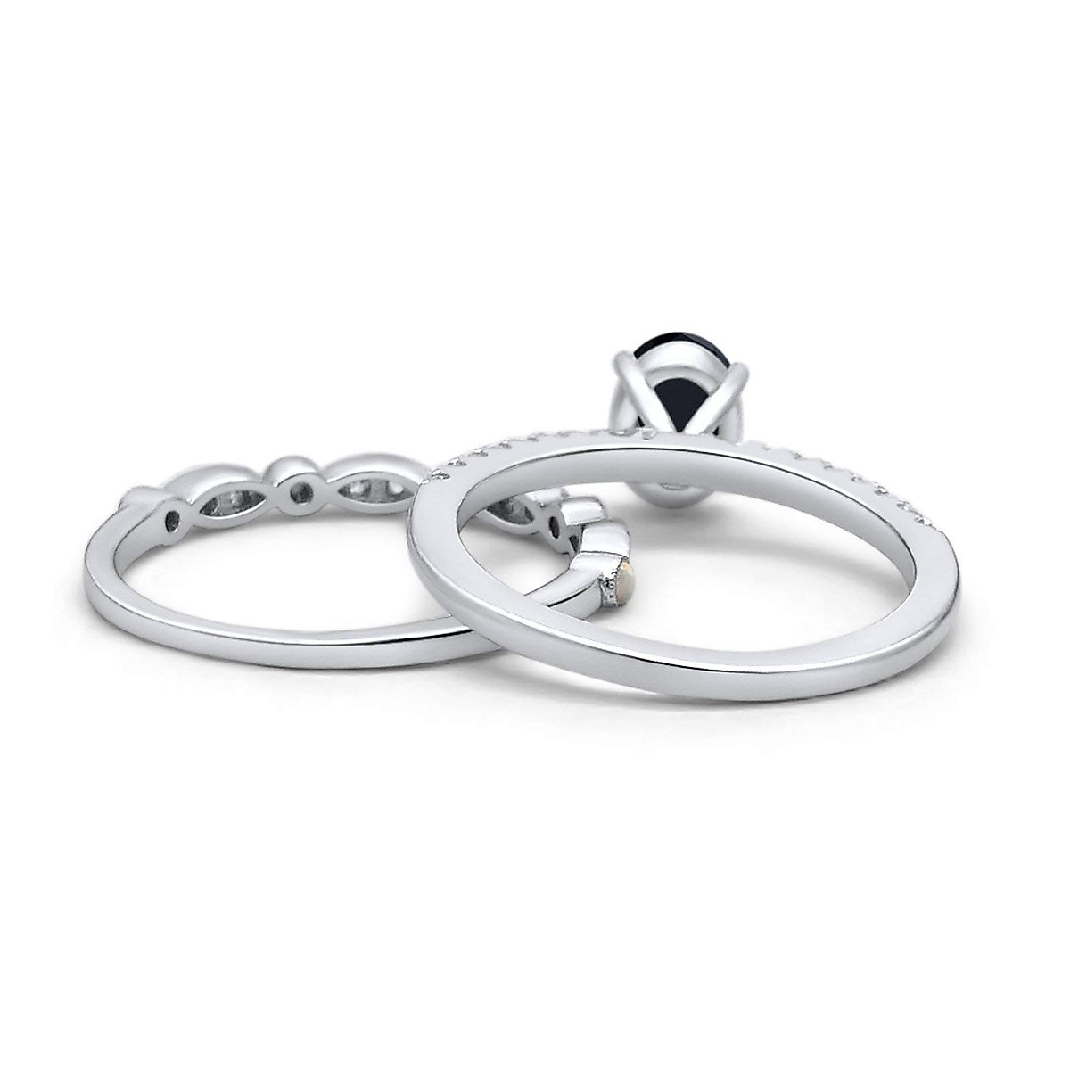 Simulated Black Cubic Zirconia Size-10 Two Piece Oval Art Deco Bridal Set Wedding Engagement Ring Band Round Simulated Cubic Zirconia 925 Sterling Silver