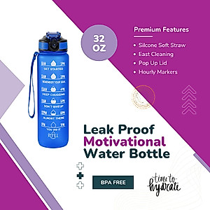 32 oz Water Bottle with Times to Drink and Straw. With clearly marked times to drink throughout the day and a convenient straw for spill-proof sipping, track your water intake and stay hydrated.