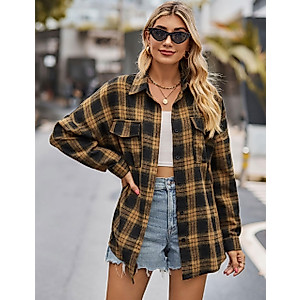 Zontroldy Womens Flannel Plaid Shirts Oversized Lightweight Buffalo Plaid Button Down Shirt Blouse Tops (0355-02Brown-S)