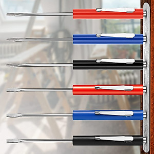 12 Pieces Mini Tops and Pocket Clips Pocket Screw Driver Magnetic Pocket Screw Driver with Single Blade Head Pocket Screwdriver Set for Mechanical Electrician Electronics Technician, Red, Blue, Black
