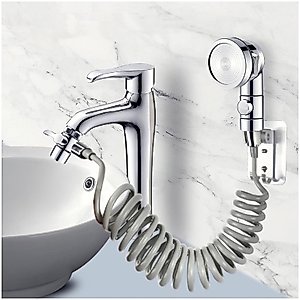 cakuuma Sink Faucet Hose Sprayer Attachment handheld Sink Sprayer with 6 Adapters & ON/Off Extension Salon Shampoo Hose Shower Head for Hair Washing Baby Bath Pet Rinse (4ft, Silver) (XP-HS002)