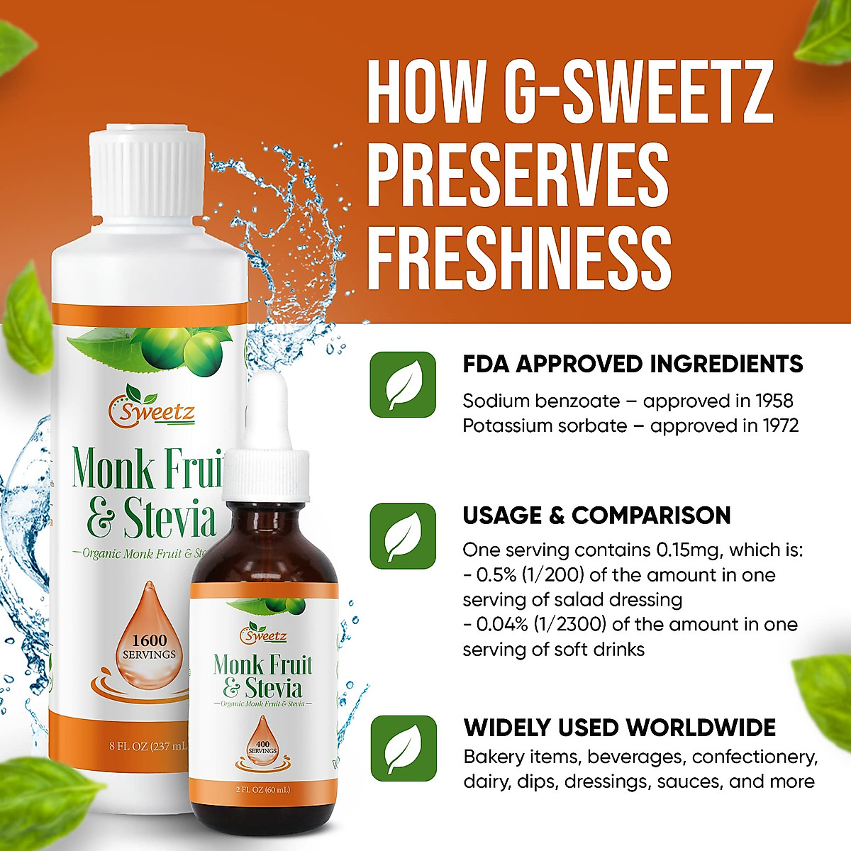 G-Sweetz Monk Fruit & Stevia Liquid Sweetener Drops - Natural Sweeteners & Sugar Alternatives - Delicious Blend with No Bitter Aftertaste - Concentrated Sweetener Liquid Drops Extract – 8 FL OZ (1600 Servings)