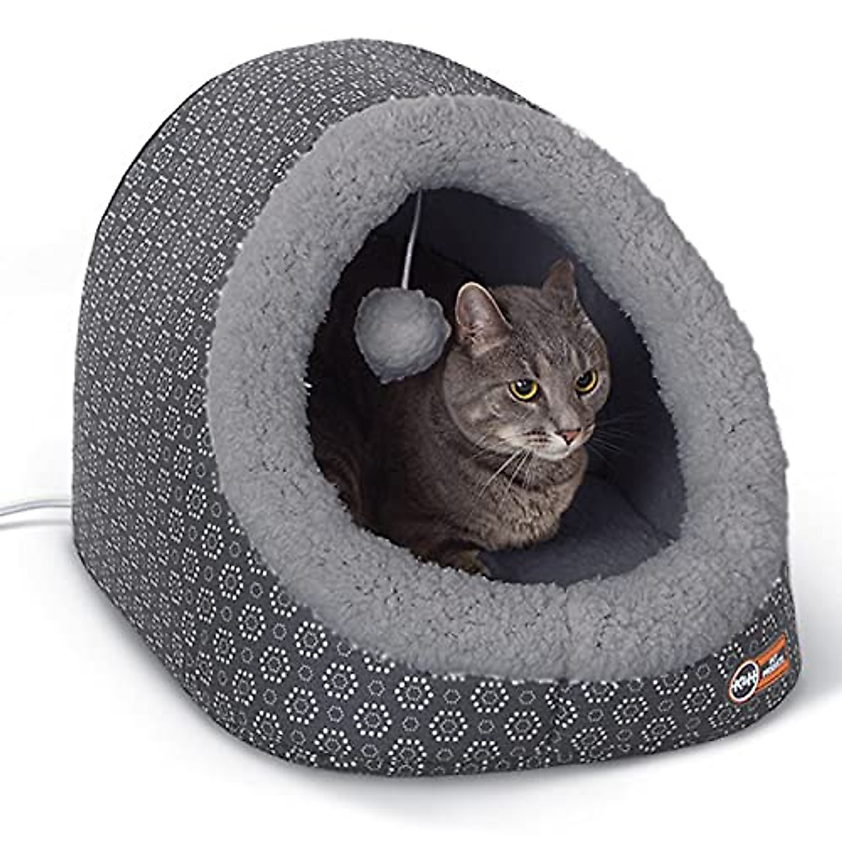 K&H PET PRODUCTS Thermo-Pet Cave Heated Cat Bed - Gray/Geo Flower 17 X 15 X 13 Inches
