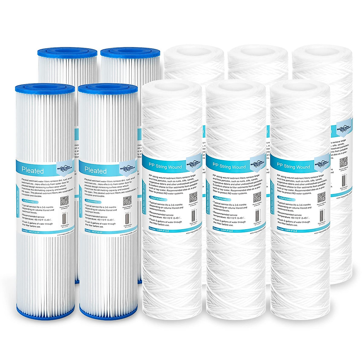 5 Micron String Wound & 20 Micron Pleated Sediment Water Filter Cartridge by Membrane Solutions, 10"x2.5", 10 Pack