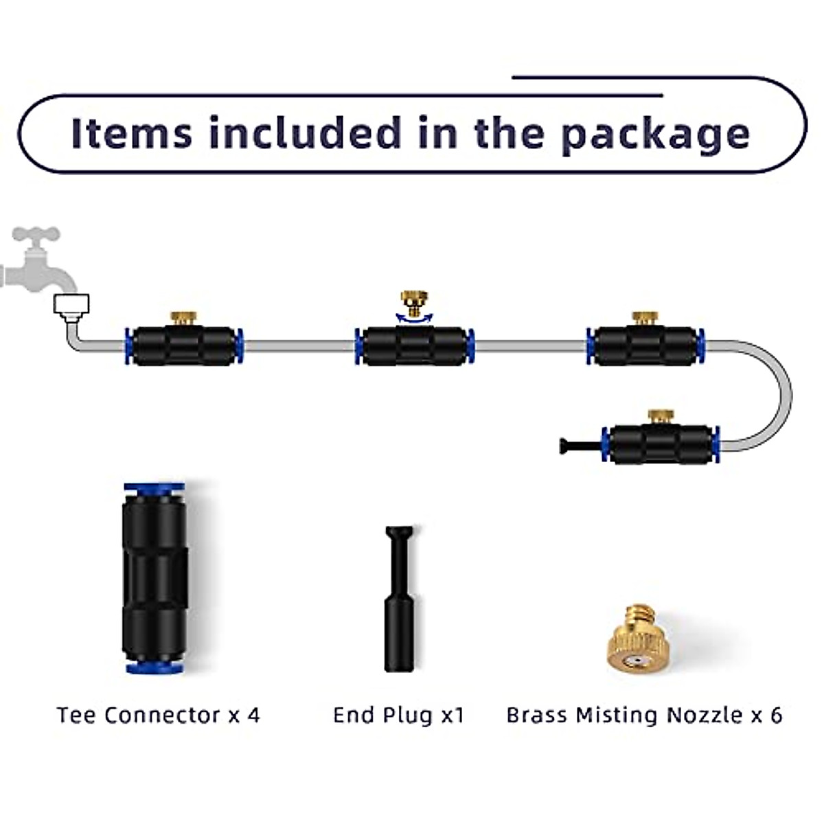 Brass Misting Nozzle Kit, 6 Mister Nozzles + 4 Tee Connectors + 1 End Plug for Outdoor Cooling Misting System