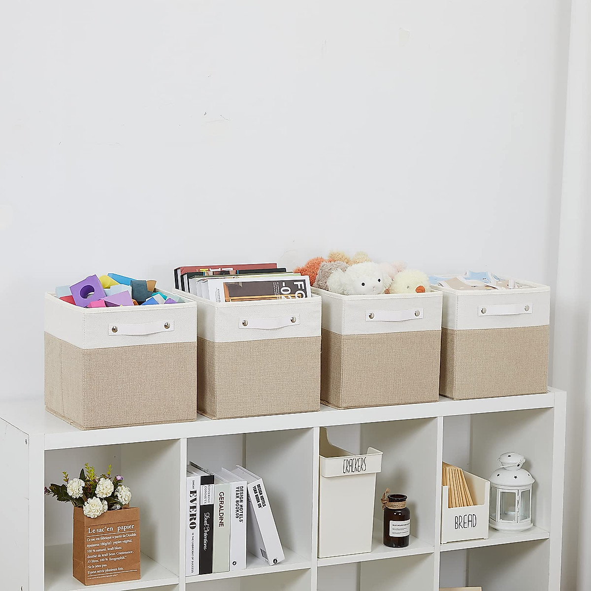 Bidtakay Cubes Baskets for Organizing 11 X 11 X 11 inch Collapsible Fabric Storage Boxes 4 Pack Stackable Beige Cube Storage Organizer Bins For Home Closet Shelves Office Bedroom Nursery Toy Storage