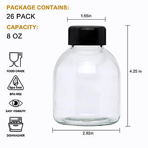 Accguan 8oz Reusable Glasses Bottles Clear Disposable Containers with Black Caps Food Grade Bottles for Juice, Milk and Other Beverages, Set of 26