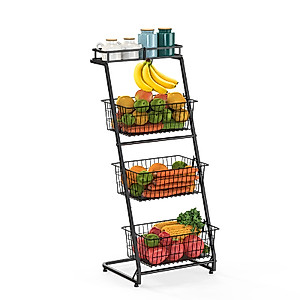 Auledio 4-Tier Fruit Vegetables Basket Bowl Storage Holder With Banana Hanger , Black