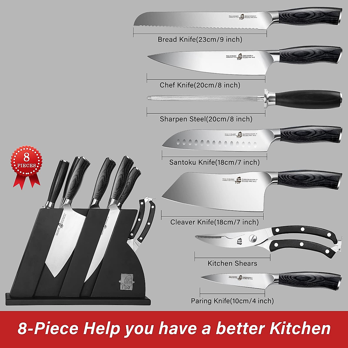 TUO 8 Pcs Chef Knife Set - Professional Knife Block Set Sharpener Steel, German Stainless Steel Ergonomic Pakkawood Handle with Gift Box, Fiery Phoenix Series - Black