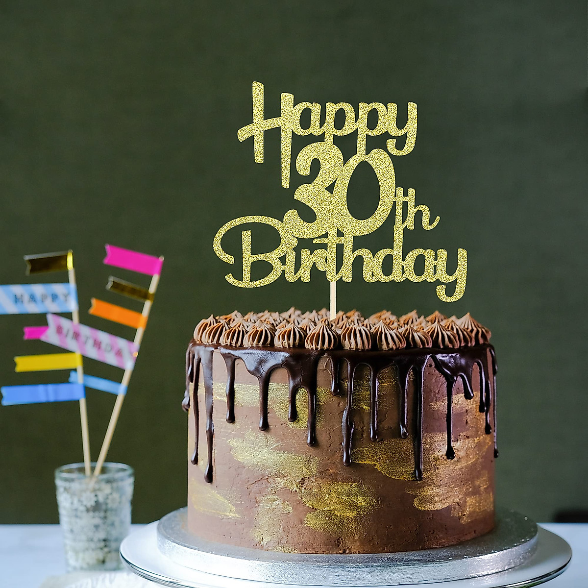 Sotpot Happy 30th Birthday Cake Topper Gold Glitter 30th Cake Toppers 30 Birthday Cake Decorations Cheers to 30 Fabulous Party Cake Picks - 1 Pack