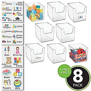 mDesign Deep Plastic Home Storage Organizer Bin - Container for Nursery, Kids Bedroom, Toy or Playroom - Open Front Design - 8 Bins + 24 Labels - Clear