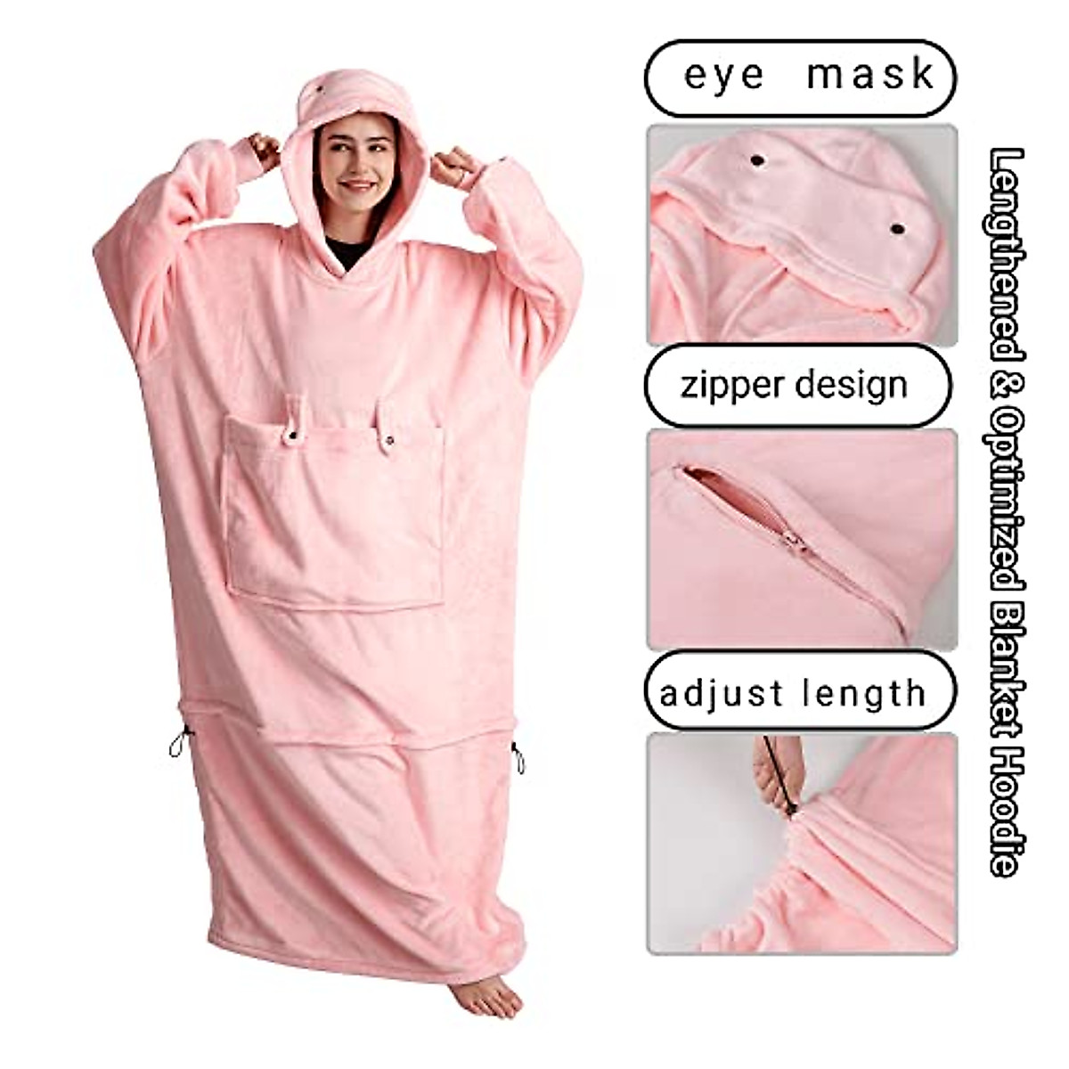 Iplusmall Super Warm Wearable Blanket Hoodie, Adjustable Length Flannel Hooded Snuggies Sherpa One Size Fits All, Oversized Blanket with Giant Pocket Zipper for Adult Kids Women as A Gift, Pink