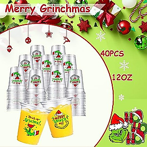 VDESFUEBY Green Christmas Party Supplies,12oz Christmas Party Cups Drink Up Disposable Clear Plastic Cups for Halloween Party Table Supplies (40PCS)