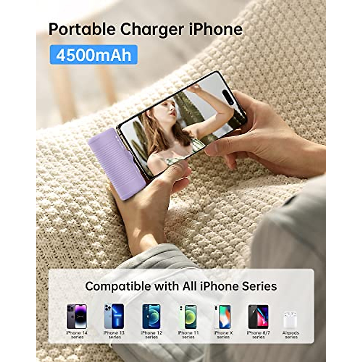 Kuulaa Portable Phone Charger Portable Charger iPhone 4500mAh Mini Power Bank for iPhone Cute Battery Pack Backup Charger Travel Compatible with iPhone 14/13/12/11/XS/XR/Airpods (Purple)