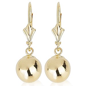 14k Yellow Gold Drop Earrings with Round Gold Ball (Lever back Ball Earrings, Balls Available in 5-8 mm) (5 mm)