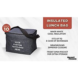 DISCOUNT PROMOS Custom Insulated Cooler Lunch Bag Set of 10, Personalized Bulk Pack - Perfect for Work, Travel, Outdoor Events - Black