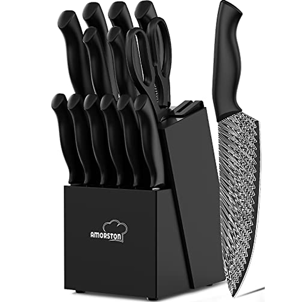 Knife Set, 15 Pieces Damascus Kitchen Knife Set with Built in Knife Sharpener Block, Dishwasher Safe, German Stainless Steel Knife Block Set