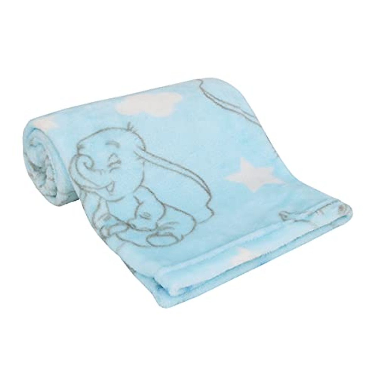 Disney Dumbo Pastel Blue, Grey & White Clouds & Stars Super Soft Baby Blanket, Light Blue, Grey, White