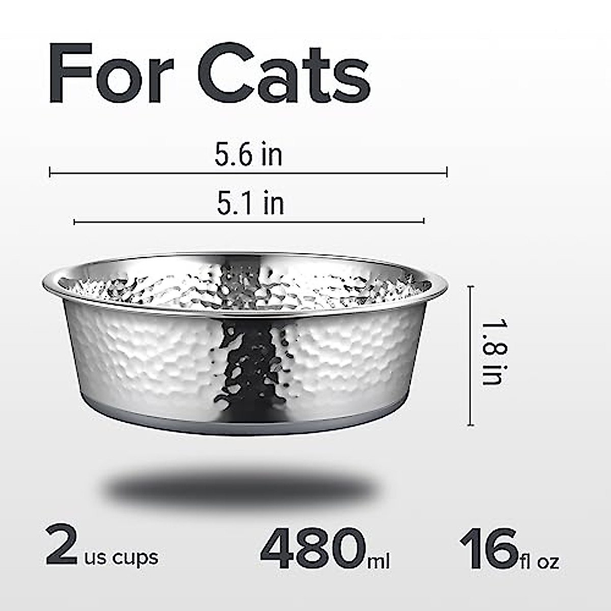 URBUDDIES 2 Pack Hammered Stainless Steel Cat Bowls, 2 Cup, Gray Bottom