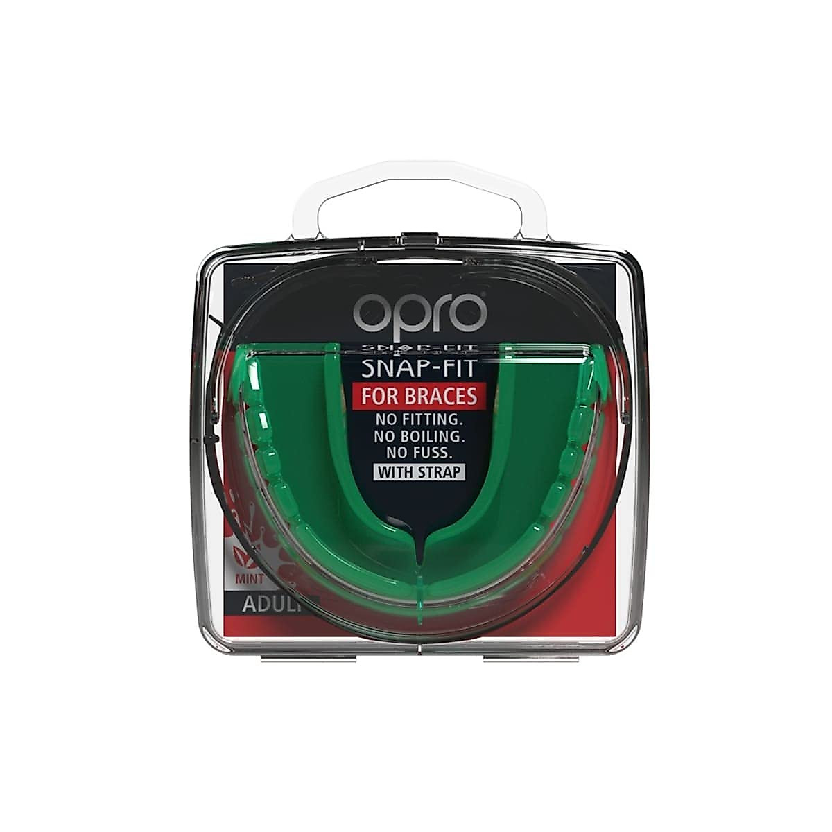 OPRO Snap-Fit Instant Level Adult and Youth Sports Mouthguard for Braces with Strap, Gum Shield for Hockey, Lacrosse, Rugby, MMA, Boxing and Other Contact and Combat Sports (Green, Mint Flavoured)
