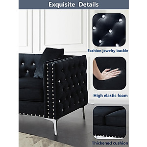 Velvet Sofa for Living Room,82.3" Jeweled Buttons Tufted Square Arm Couch,Modern Couch Upholstered Button and Metal Legs,Sofa Couch with 2 Pillows for Bedroom (Black+Velvet, 82.3 L*32.3 W*29.1 H)