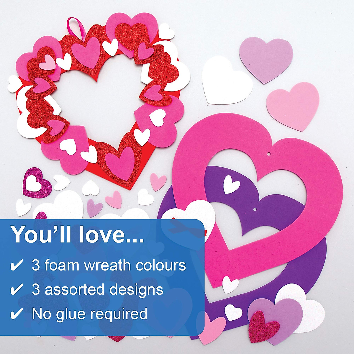 Baker Ross AX733 Heart Wreath Kits - Pack of 3, Creative Valentine's Day Art and Craft Supplies for Kids to Make and Decorate