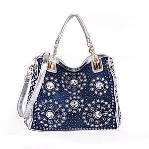 Denim Women Shoulder Bag Crystal Rhinestone Purse Handbag Jeans Crossbody Bag Ladies Tote Bag (silver)