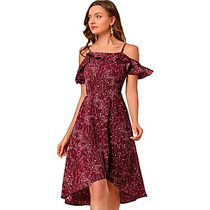 Allegra K Women's Spaghetti Strap Ruffled Sleeves Asymmetrical High Low Floral A-Line Midi Dress Large Wine Red