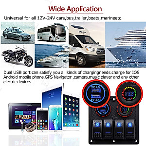 FXC 4 Gang Waterproof Marine Boat Rocker Switch Panel, DC 12V 5 Pin ON-Off Switch, with RGB LED Digital Display Voltmeter and 4.2A Dual USB Slot Socket for Boat Car Rv Vehicles Truck