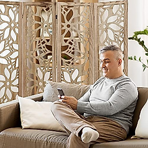 ECOMEX 4 Panel Cutout Room Divider 5.6Ft Wood Room Dividers and Folding Screens Carved Room Dividers Screen for Home Office Restaurant Bedroom, Natural