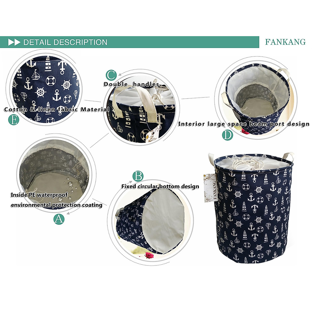 FANKANG Storage Basket, Nursery Hamper Canvas Laundry Basket Foldable with Waterproof PE Coating Large Storage Baskets for Kids Boys and Girls, Office, Bedroom, Clothes,Toys（navy anchor）