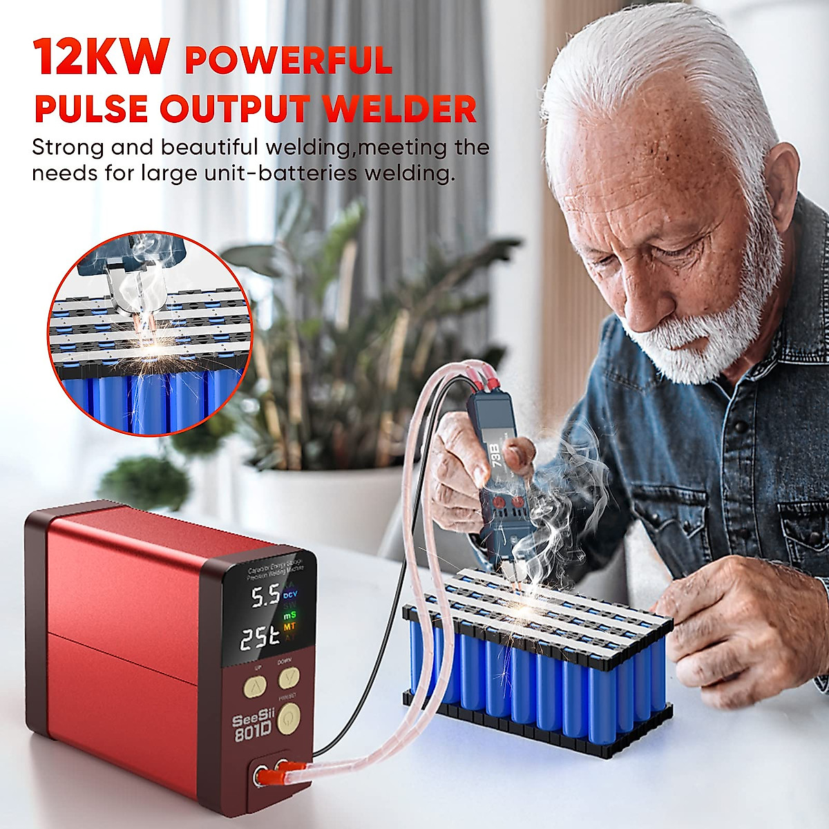 SeeSii 801D Spot Welder, 12KW Capacitor Energy Storage Pulse Battery Spot Welder with 73B Welding Pen, Support 2 Welding Modes Enhanced 0.1-0.3mm Nickel Strip for DIY & Industrial Spot Welding