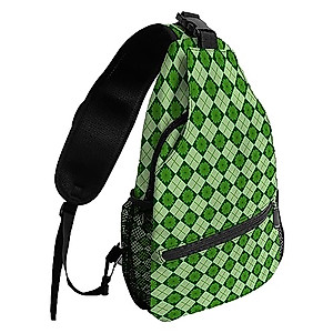 Sling Backpack, St. Patrick's Day Shamrock Green Diamond Lattice Waterproof Lightweight Small Sling Bag, Travel Chest Bag Crossbody Shoulder Bag Hiking Daypack for Women Men
