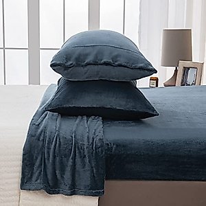 Great Bay Home Extra Soft Velvet Plush Queen Micro Fleece Sheet Set | Deluxe Microplush Non Pilling Sheets, Deep Pocket | Lavish Sherpa Velvet Luxe Collection (Queen, Denim Blue)