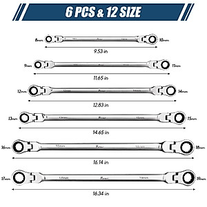 PTSTEL Ratcheting Wrench Set, Extra Long Double Box End Wrench Set，Flex-Head Metric Spanner Set, 6 Piece 72-Tooth Ratcheting Wrench Kit, 8-19mm (6, 8-19mm)