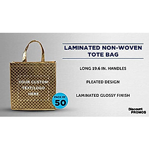 DISCOUNT PROMOS Custom Luxurious Laminated Tote Bags Set of 50, Personalized Bulk Pack - Reusable, Great for Shopping, Beach, Wedding Favors - Gold