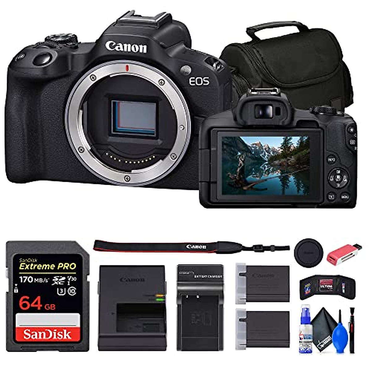 Canon EOS R50 Mirrorless Camera (Black) (5811C002) + 64GB Memory Card + Bag + Charger + LPE17 Battery + Card Reader + Memory Wallet + Cleaning Kit (Renewed)