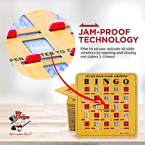 MR CHIPS Jam-Proof Quick-Clear Deluxe Fingertip Slide Bingo Cards with Sliding Windows 50 Pack in Woodgrain Style
