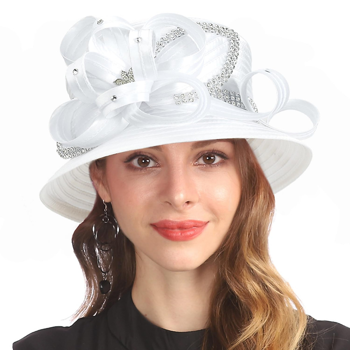 Church Dress Hat for Women Kentucky Derby Tea Party Wedding Hats with Rhinestone(Z-White)