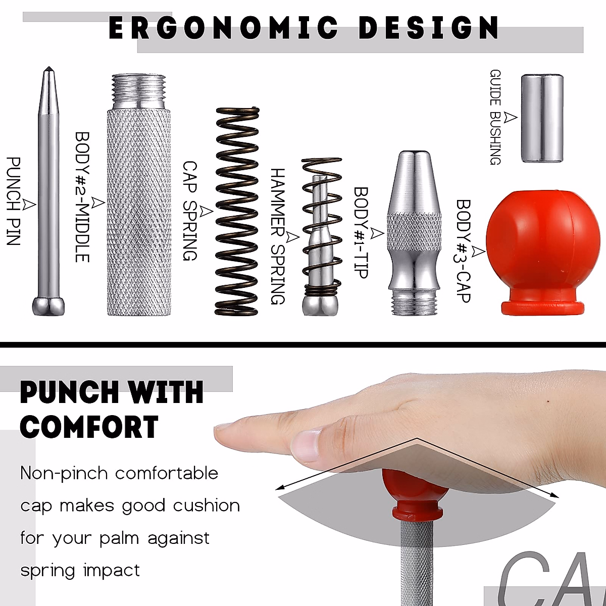 3 Pack Center Punch Spring Loaded Automatic Punch 5 Inches Crushing Hand Tool Center Hole Punch for Wood Metal Awl Puncher with Cushion Cap Adjustable Tension