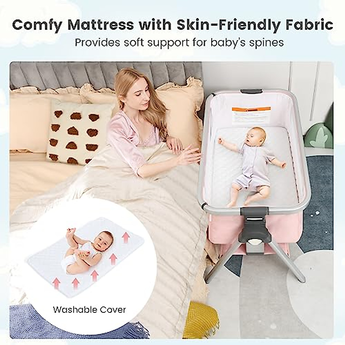 BABY JOY Bassinet, Portable Bedside Crib w/Mattress, Storage Basket, Built-in Pulleys, Adjustable Height & Travel Bag, Bassinet Bedside Sleeper for Newborn Infants (Pink)